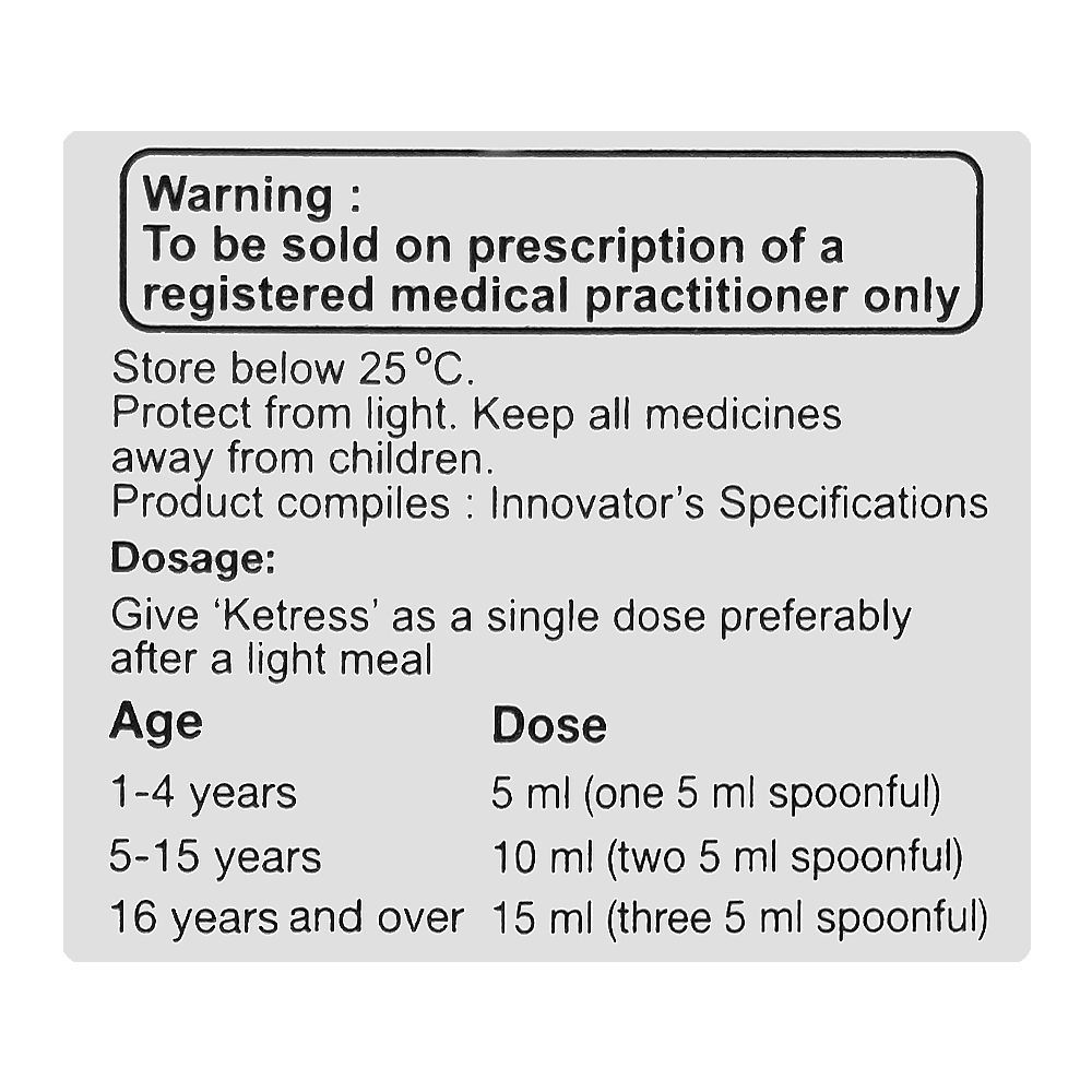 Purchase Ketress Syrup, 15ml Online at Best Price in Pakistan - Naheed.pk