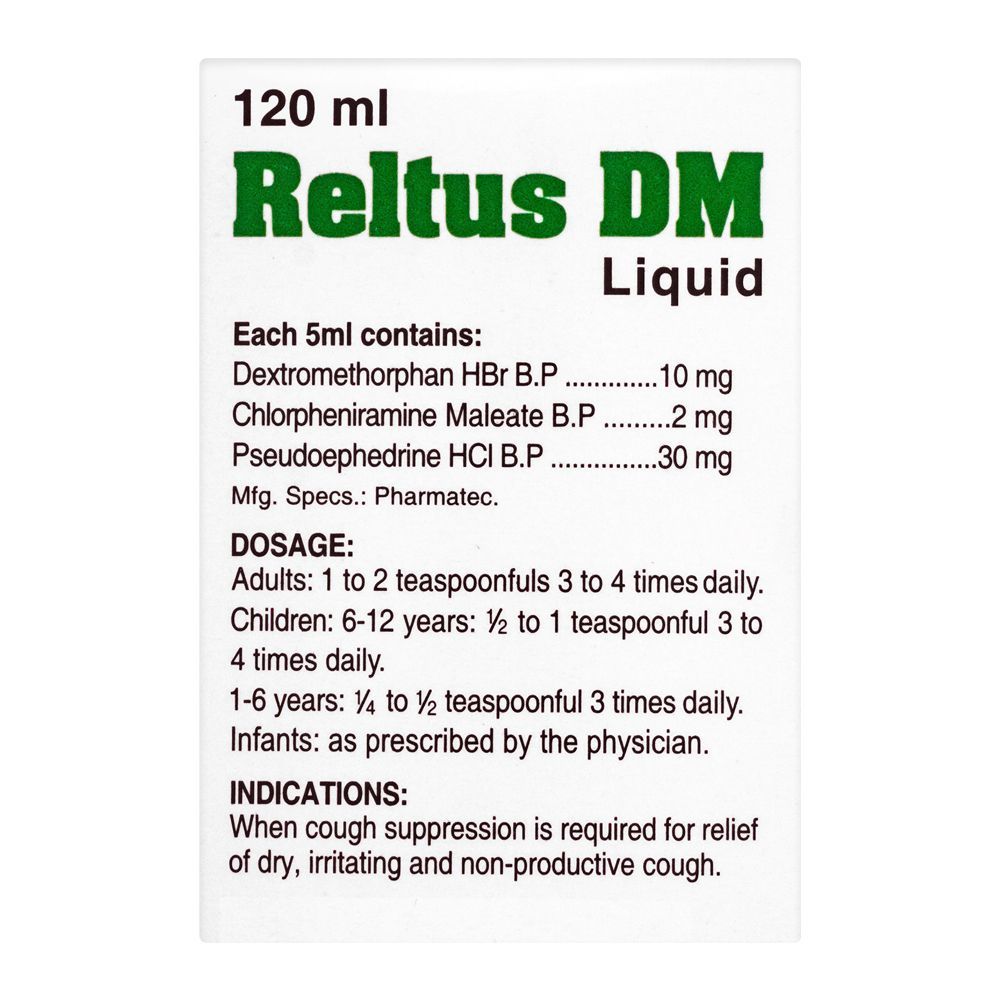Order Pharmatec Reltus DM Cough Syrup, 120ml Online at Special Price in ...