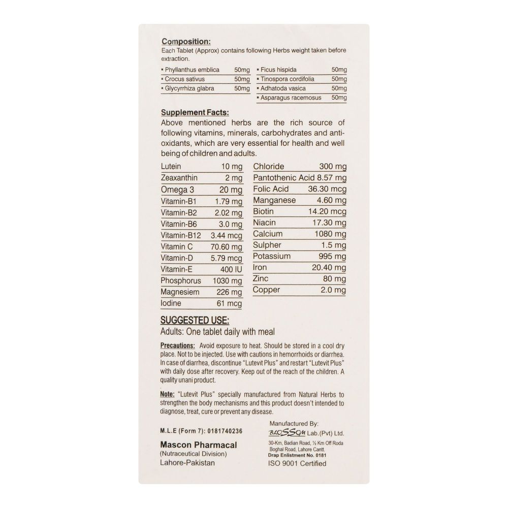 Buy Mascon Pharmacal Lutevit Plus Tablet, Sugar-Free, 30-Pack Online at ...