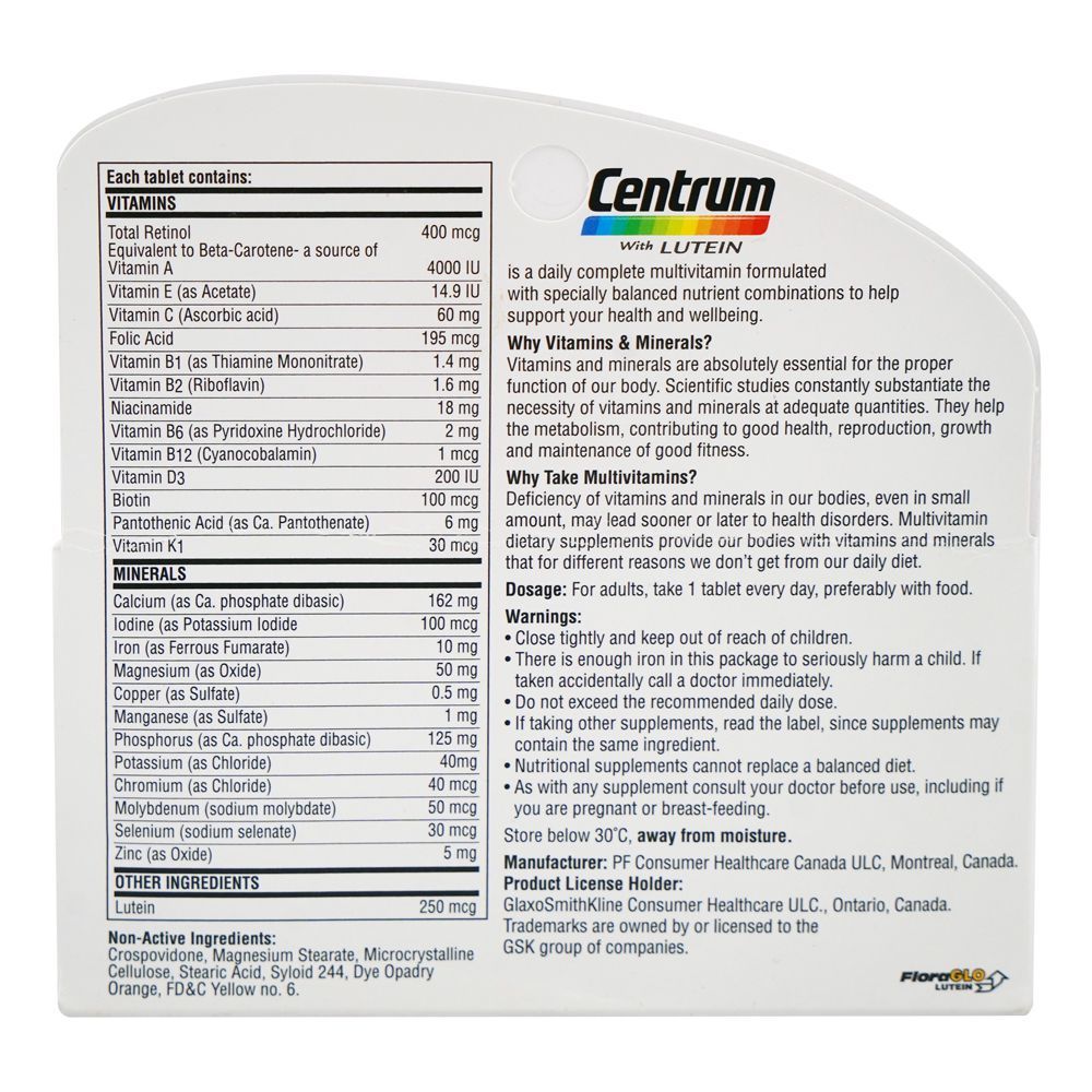Centrum With Lutein Multivitamin Tablet For Adults, 100-Pack