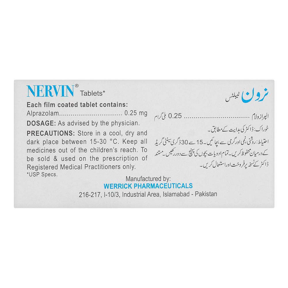 Purchase Werrick Pharmaceuticals Nervin Tablet, 0.25mg, 30-Pack Online ...