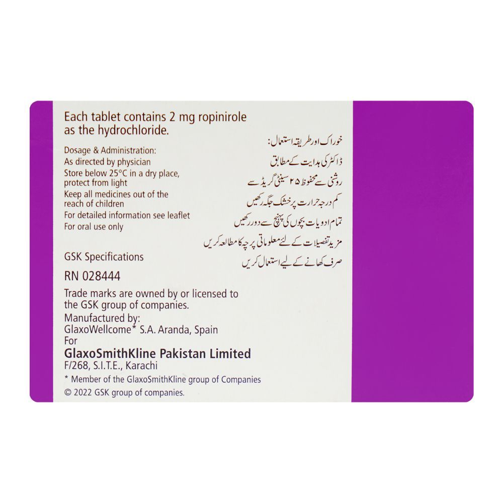 GSK Requip Tablet, 2mg, 20-Pack