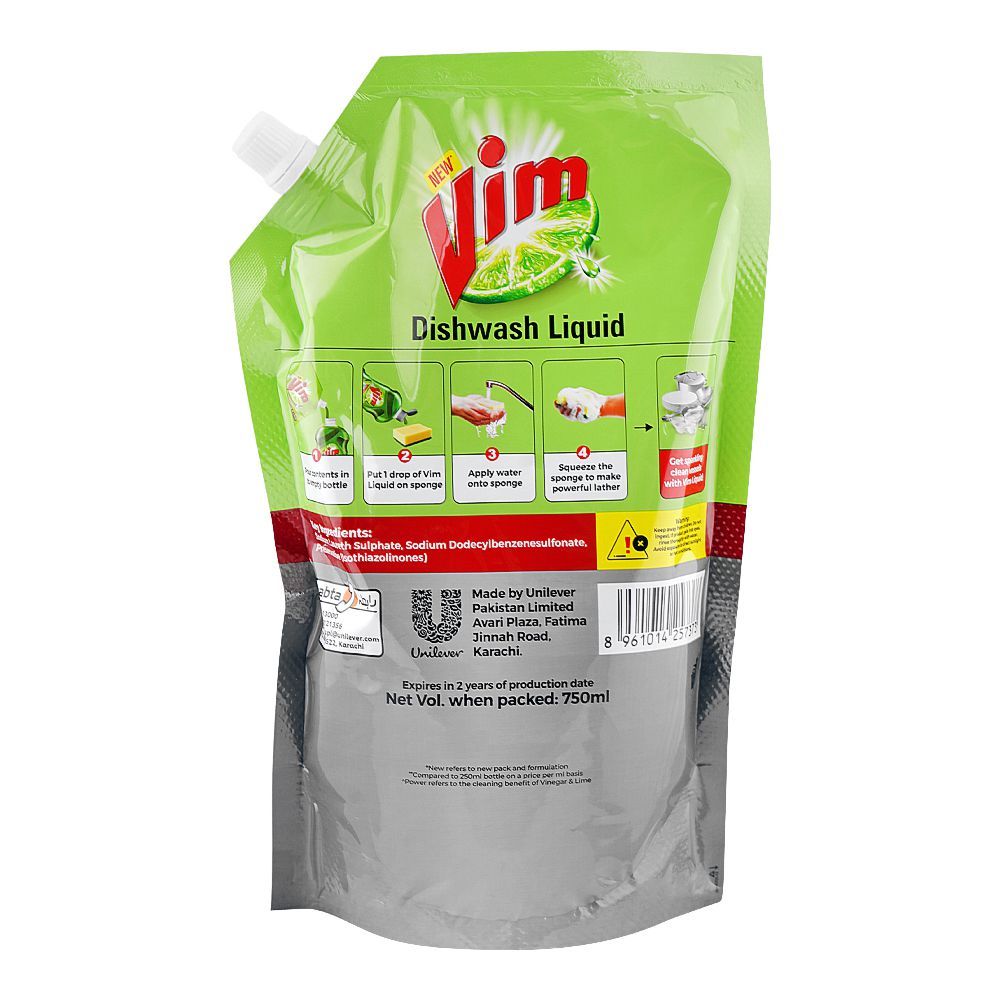 Vim Power Of Vinegar & Lime Dishwash Liquid Pouch, 750ml