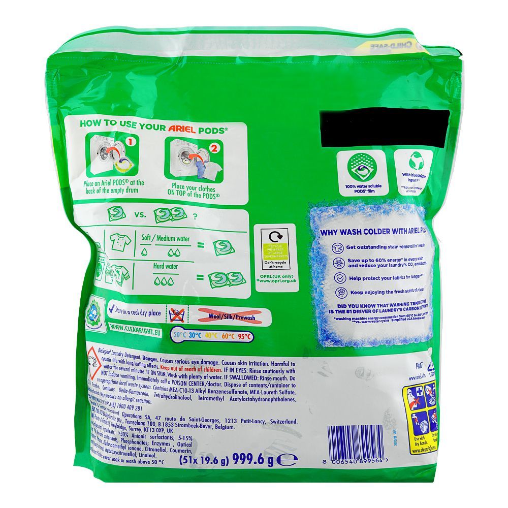 Ariel All in One Original Cold Wash Laundry Detergent Pods Pouch, 51-Pack