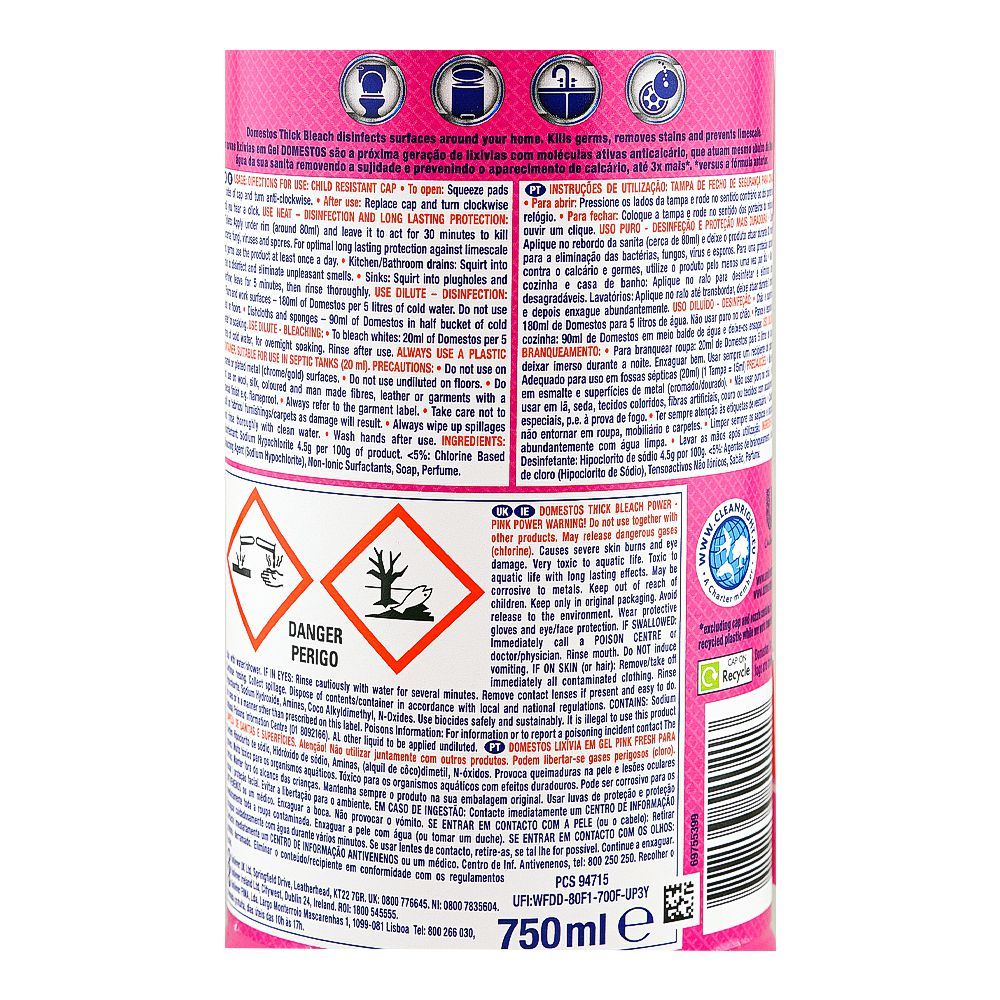 Domestos Pink Power Thick Bleach Disinfectant, Toilet Cleaner, 750ml
