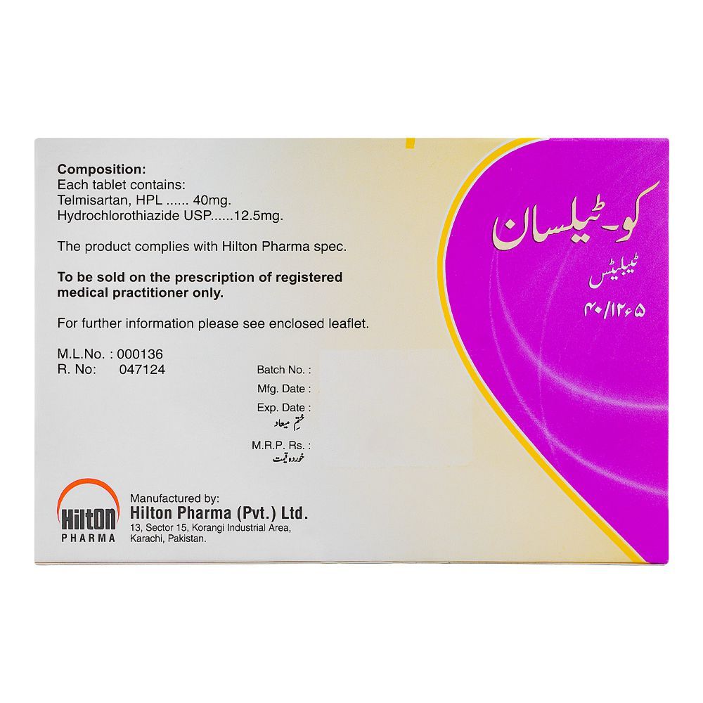 Order Hilton Pharma Co-Telsan Tablet, 40/12.5mg, 14-Pack Online at ...