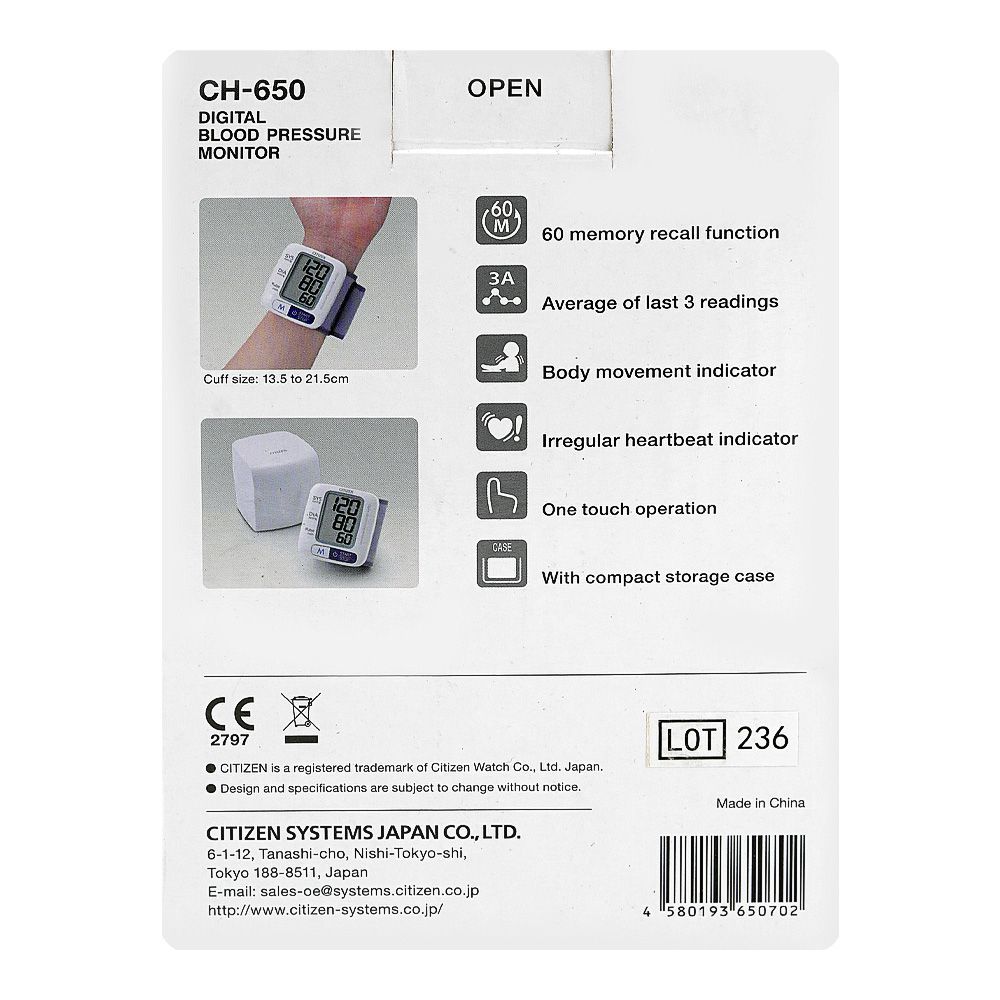 Citizen Digital Blood Pressure Monitor, Ch-650