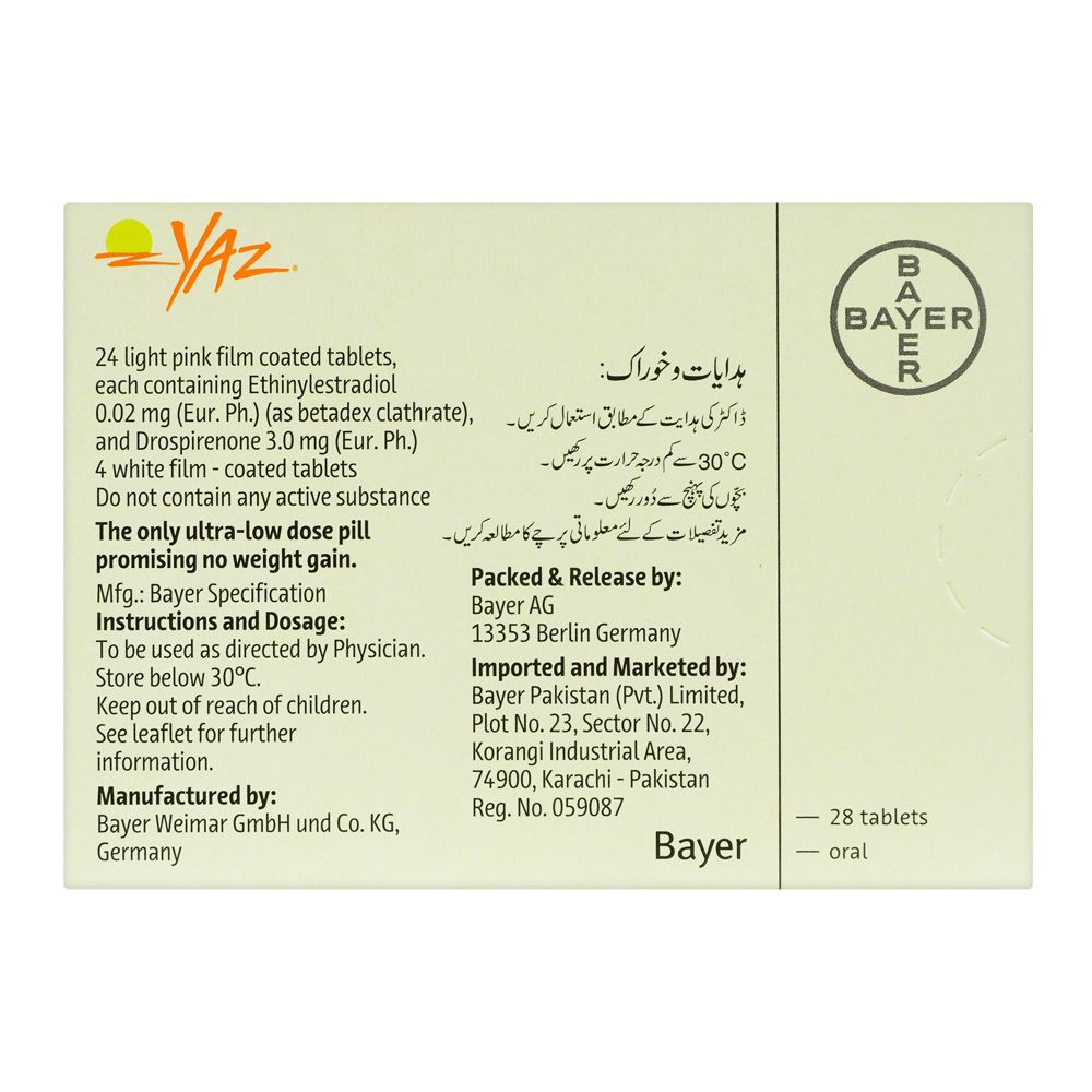 Buy Bayer Pharmaceuticals Yaz Tablet, Oral, Ethinylestradiol 0.02mg And Drospirenone 3mg, 28 ...