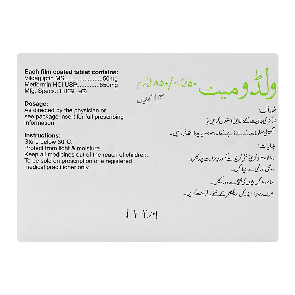 High-Q Pharmaceuticals Vildo Met Tablet, 50mg/850mg, 14-Pack