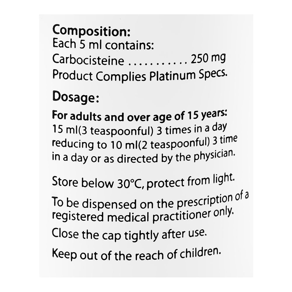 Platinum Pharmaceuticals Carbex Syrup, 250mg/5ml, 120ml