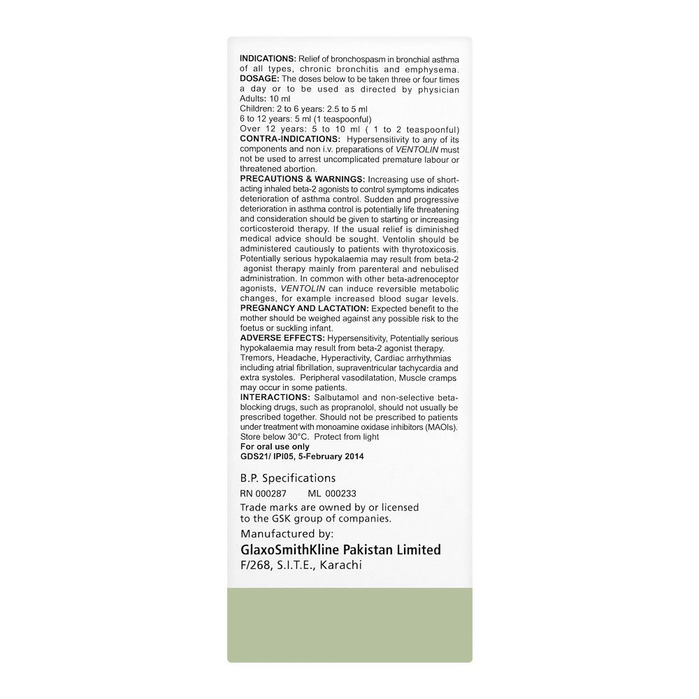 Order GSK Ventolin Syrup, Sugar-Free, 120ml Online at Best Price in ...