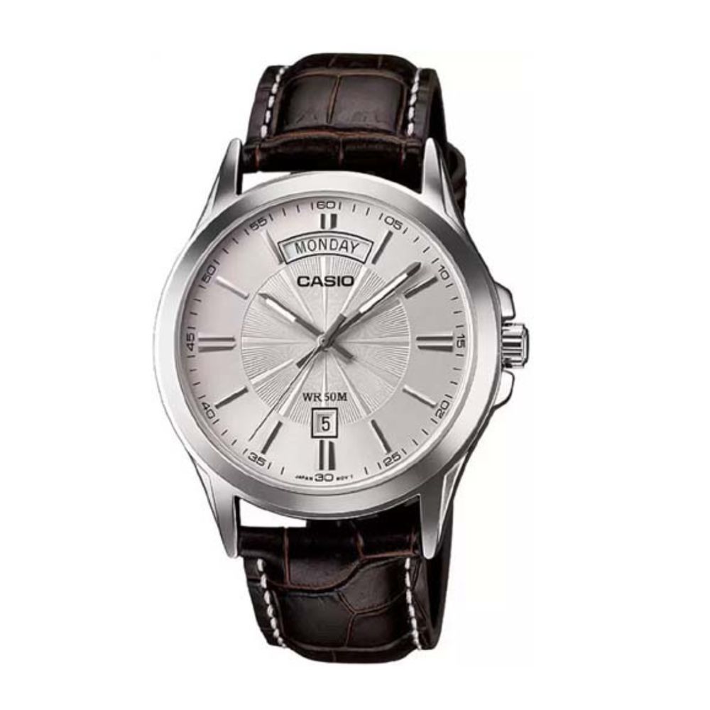Casio Men's Analog Watch With Sliver Round Dial & Leather Strap, MTP ...