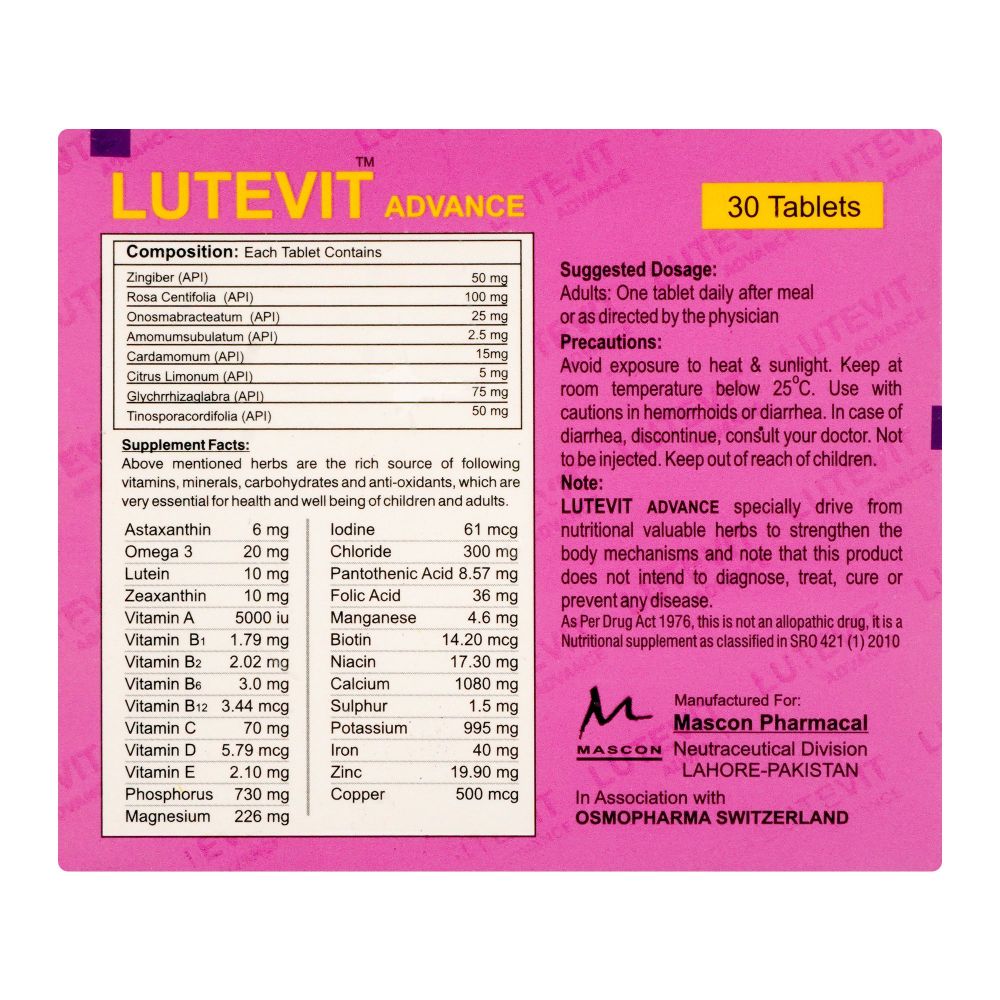 Buy Mascon Pharmacal Lutevit Advance Tablet, Sugar-Free, 30-Pack Online ...