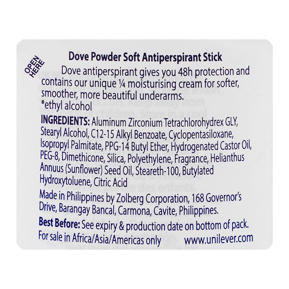 Dove Powder Soft Antiperspirant Deodorant Stick, Alcohol Free, 40ml