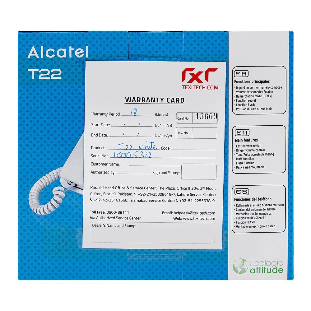 Alcatel Corded Telephone, White, T22-EX