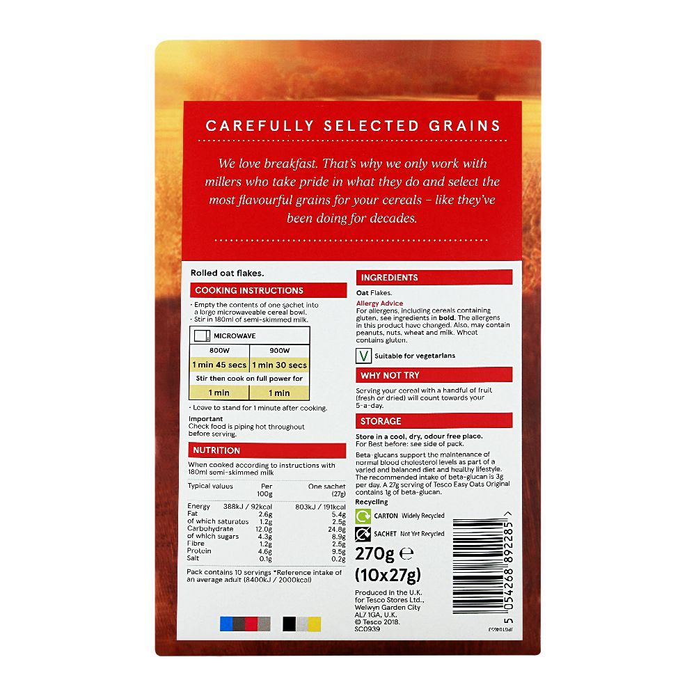 Buy Tesco Easy Oats Original, Scottish Oats, 270g, 10 Sachets Online at ...