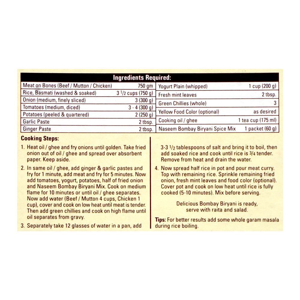 Order Naseem Bombay Biryani Recipe Masala, 60g Online at Best Price in ...