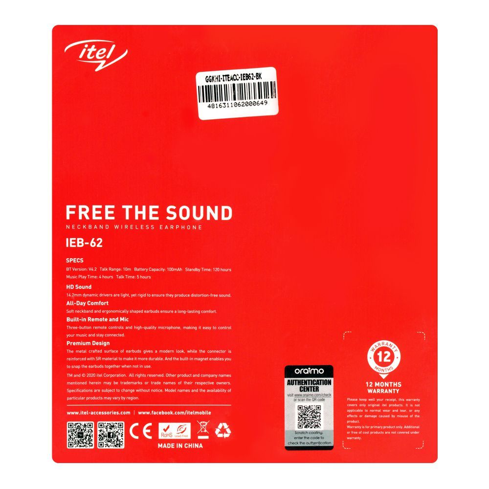Order Itel Free The Sound Neckband Wireless Earphone Black, IEB-62 ...