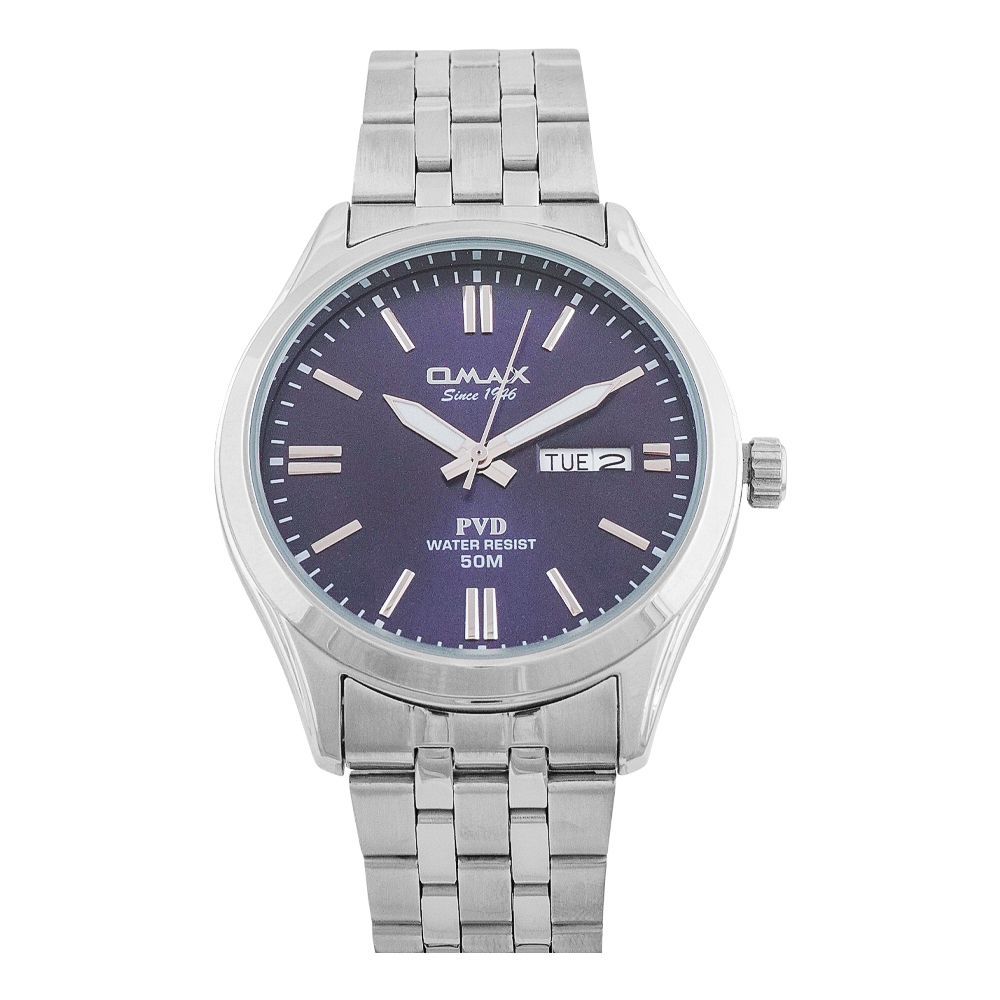 Order Omax PVD Water Resist 50M Chrome Round Dial & Bracelet With Blue ...
