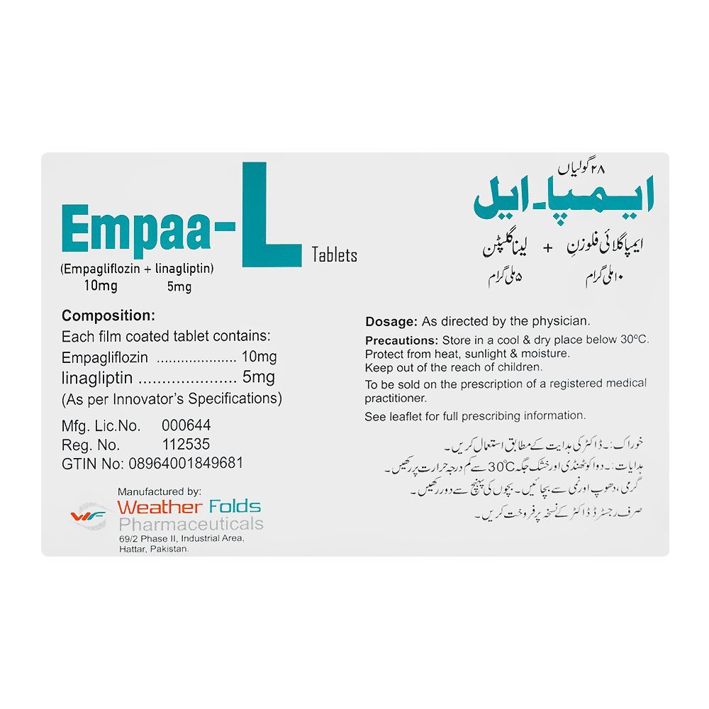 Weather Folds Pharmaceuticals Empaa-L Tab 10mg + 5mg, 28 Tablets Box
