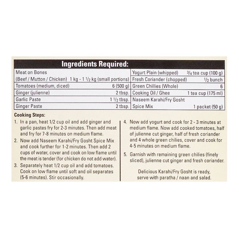 Purchase Naseem Karahi/Fry Gosht Recipe Masala, Serve 6 Persons, 50g ...