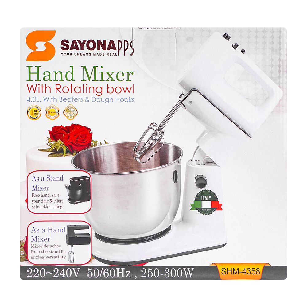 Buy Sayona Hand Mixer With Rotating Bowl, 4 Liters, 250-300W, SHM-4358 ...