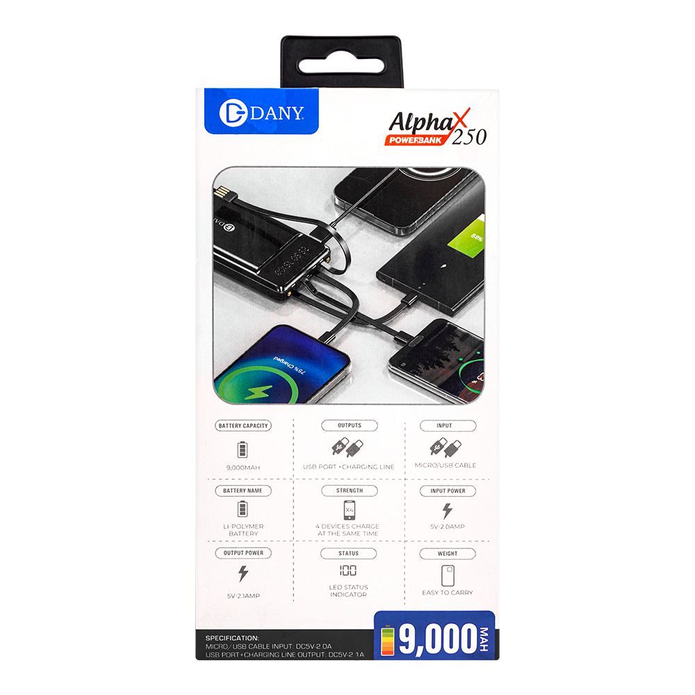 Buy Dany 4x Devices Charge Alpha X250 9000 mAh Power Bank, Black Online ...