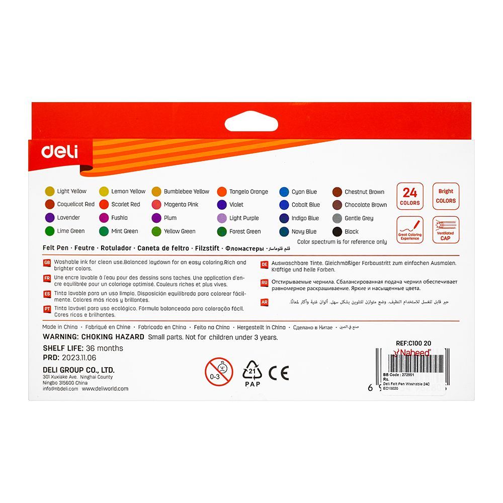 Buy Deli Felt Pens With Ventilated Cap, Washable Ink, 24 Assorted ...