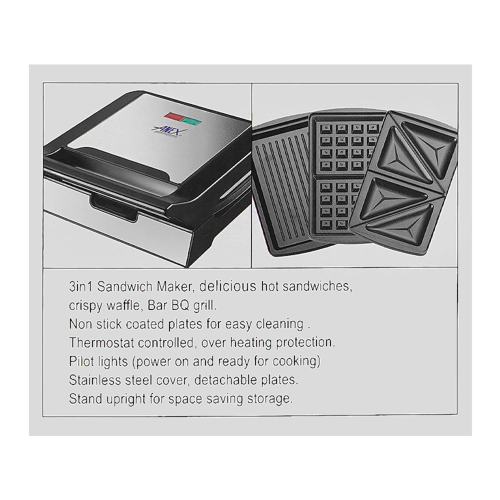 Purchase Anex Deluxe 3 In 1 Sandwich Maker, 700-800W, Black & Silver ...