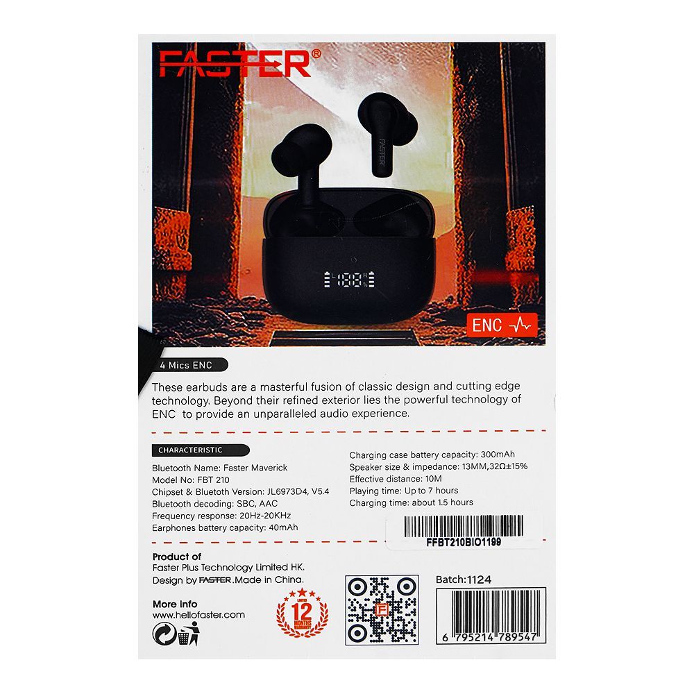 Purchase Faster Maverick ENC Wireless Earbuds, 7H Playtime, Black, FBT ...