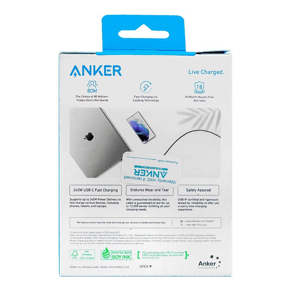 Buy Anker USB-C To USB-C Braided Cable(3ft, 240W), Black, A81D5H11 ...