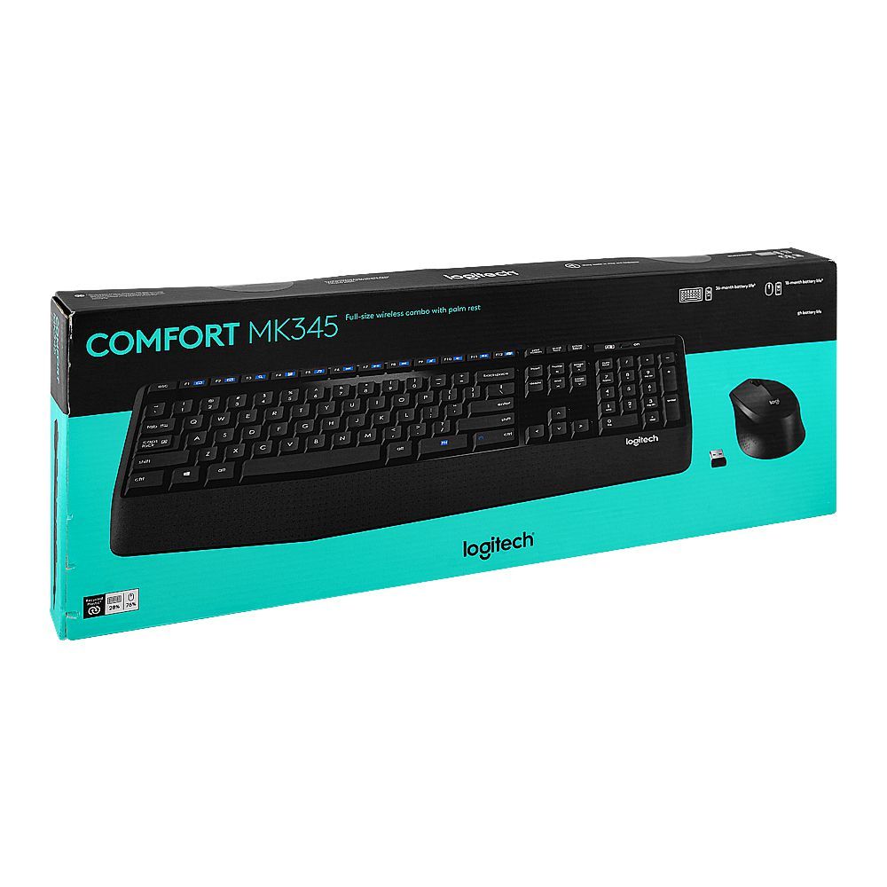 Logitech Wireless Keyboard & Mouse Combo With Palm Rest, Black, MK345 ...