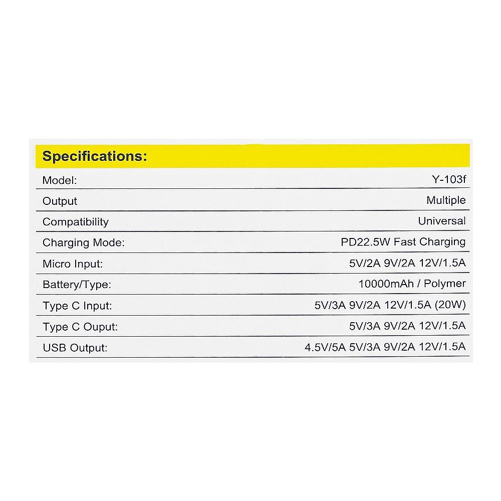 Yolo Insta 10 Power Bank (10000mAh, 22.5W), White, Y-103F