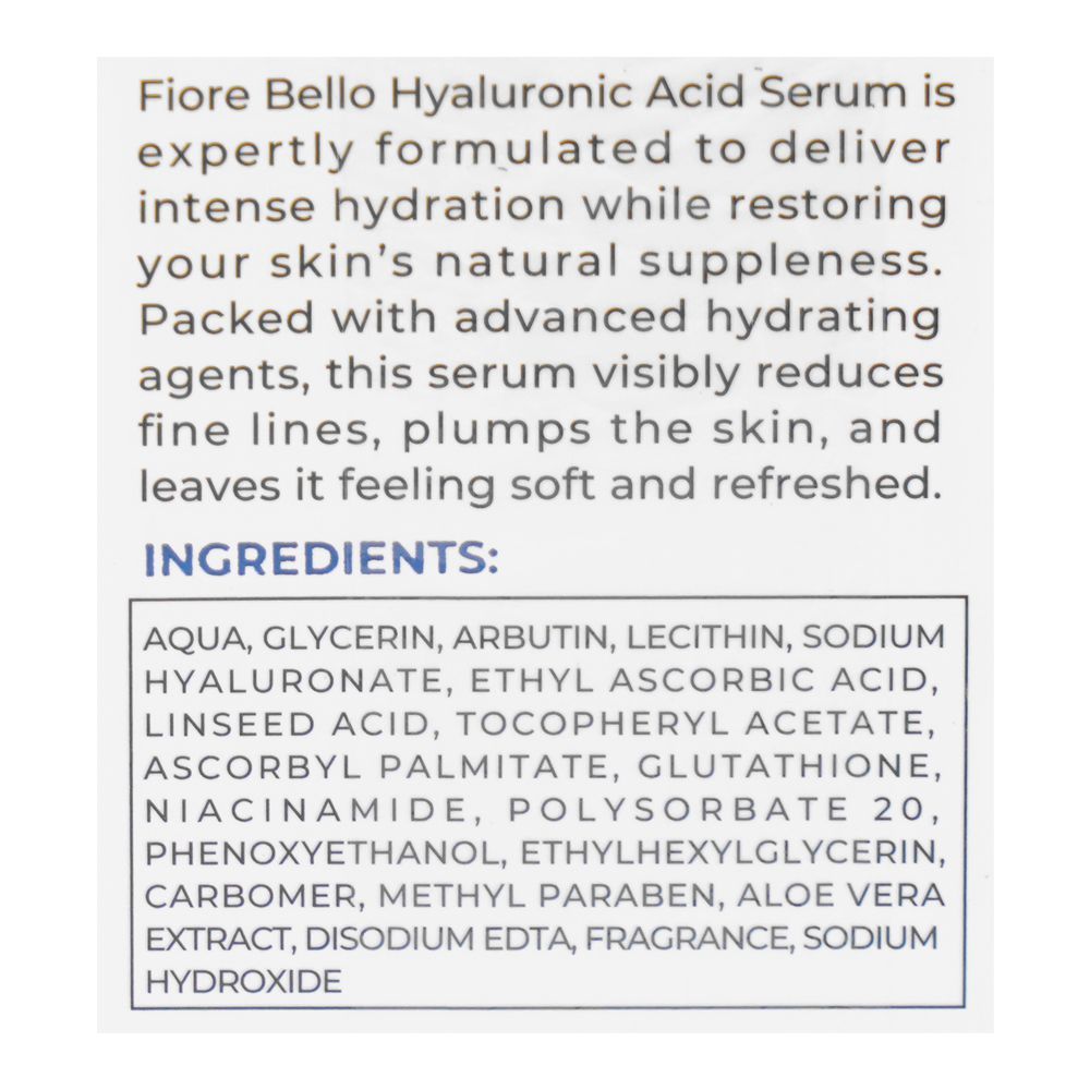 Fiore Bello Hyaluronic Acid 2% Serum, Hydrated & Plumpy Skin, 30ml