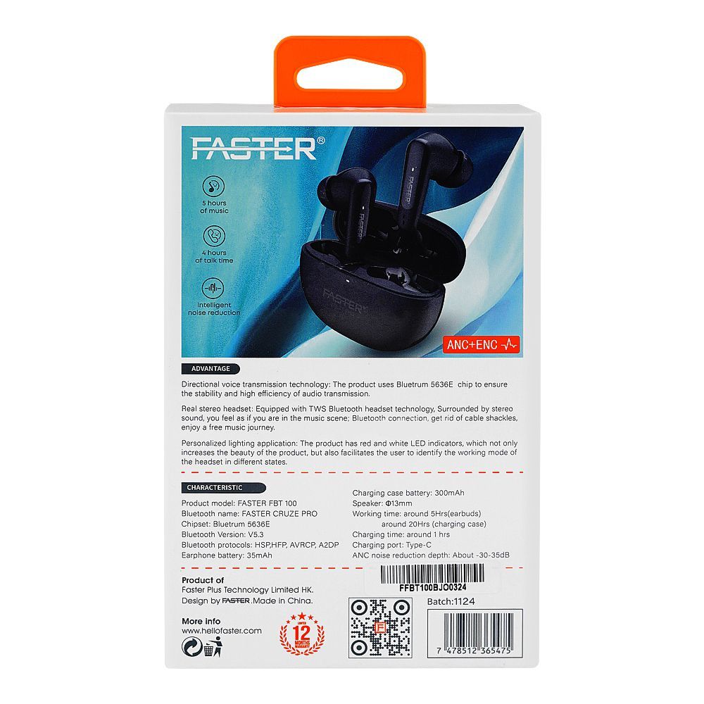 Faster Cruze Pro ANC+ENC Wireless Earbuds, Black, FBT-100