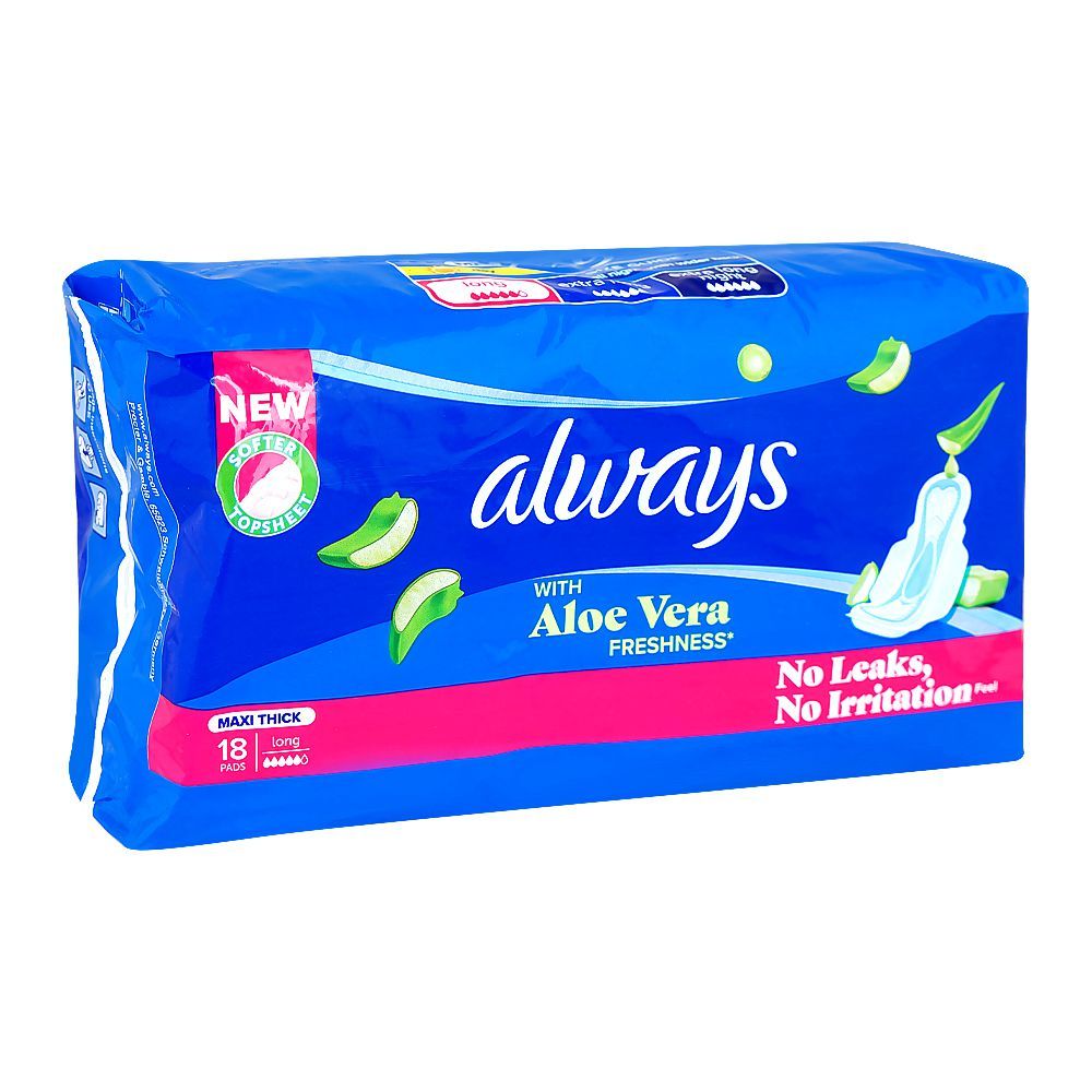 Always Aloe Vera Freshness Maxi Thick Long Pads, 18-Pack