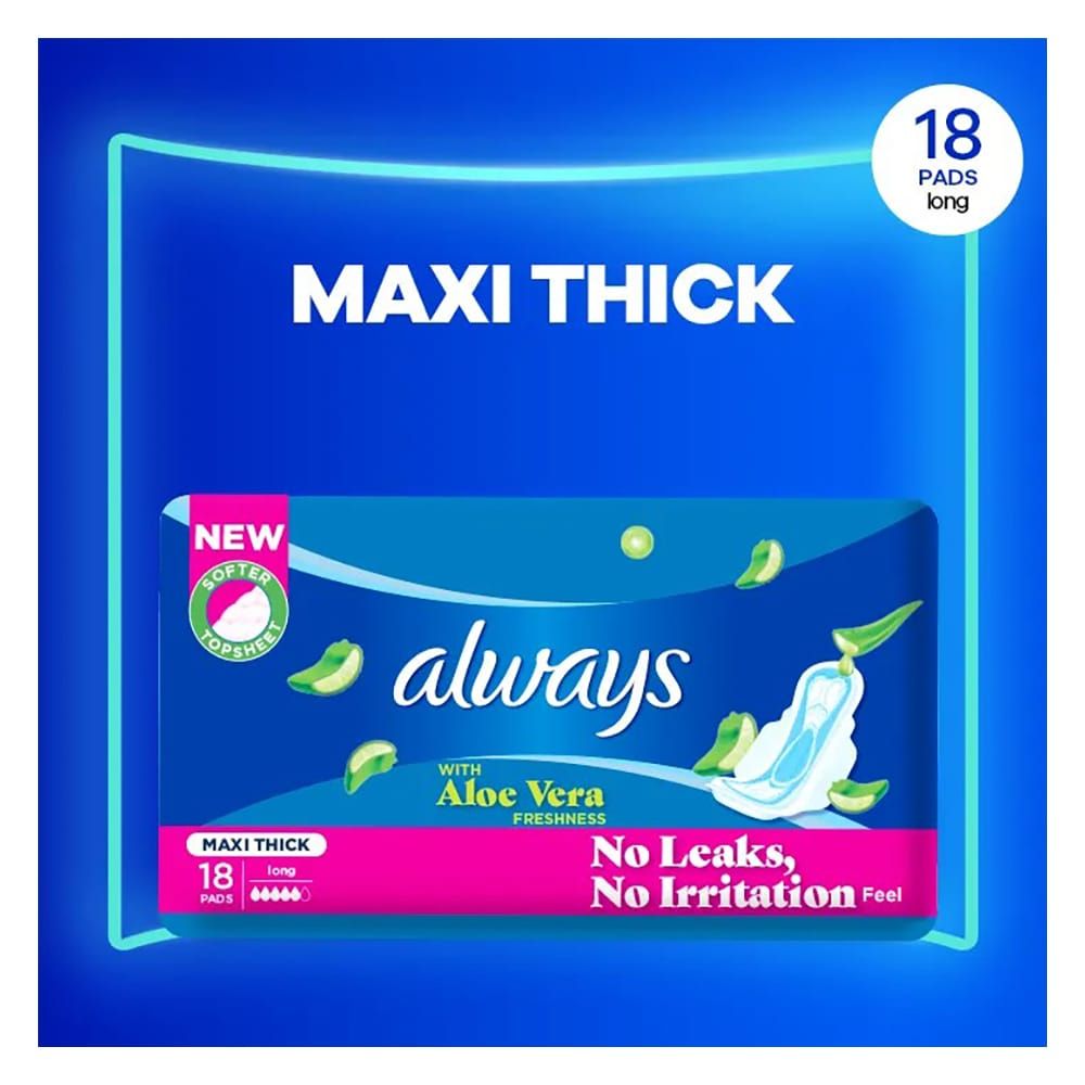 Always Aloe Vera Freshness Maxi Thick Long Pads, 18-Pack
