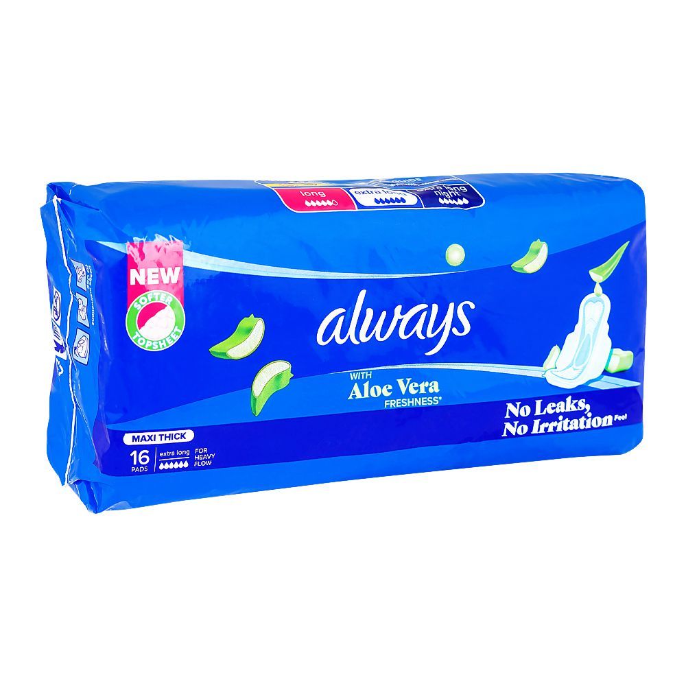 Always Aloe Vera Freshness Maxi Thick Extra Long Pads, 16-Pack