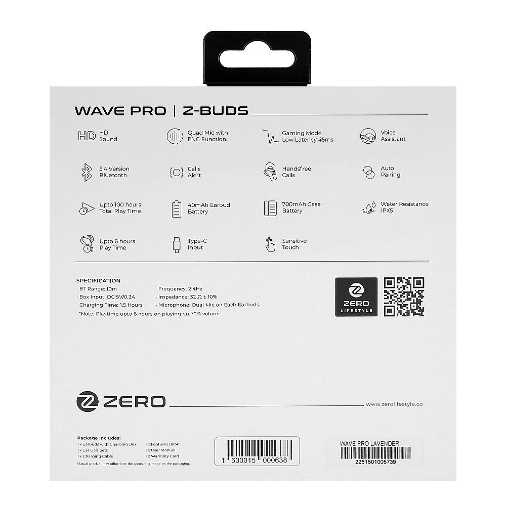 Zero Wave Pro Wireless Earbuds, Quad Mic ENC, IPX4 Waterproof, Lilac Gray
