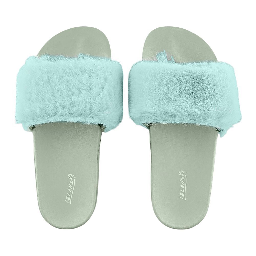 Bata Women's Furry Slide Slippers, Light Green, 6777318