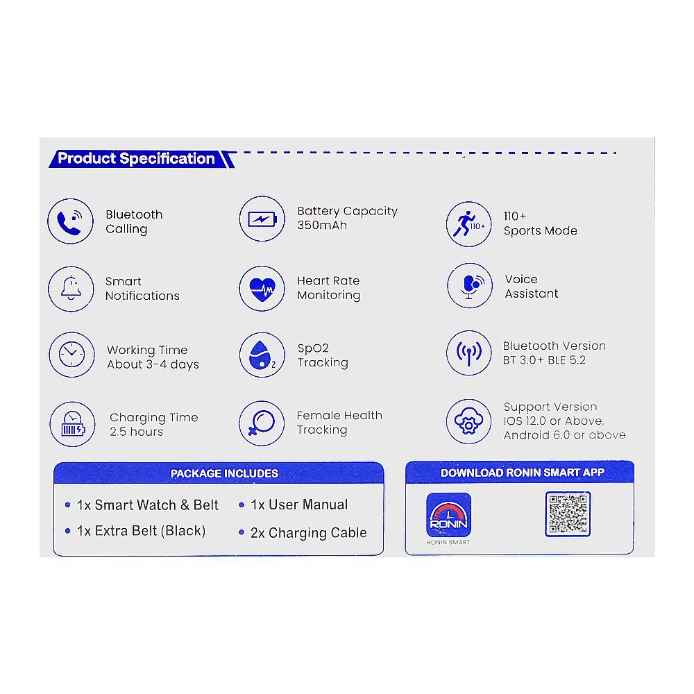 Ronin 1.43" Amoled Display Smart Watch, 350mAh Battery, IP68 Waterproof ...