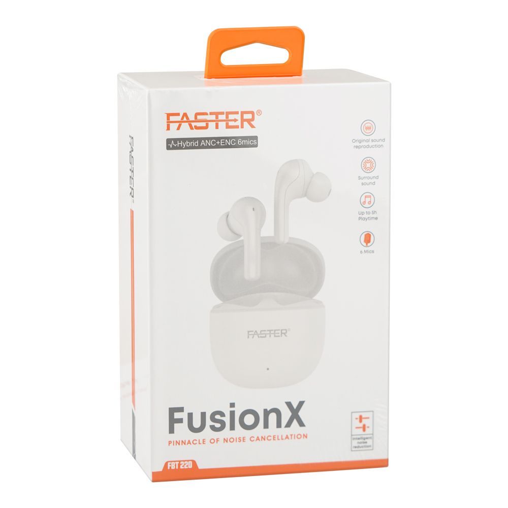 Faster FusionX Wireless Earbuds, Hybrid ANC+ENC 6mics, White, FBT-220