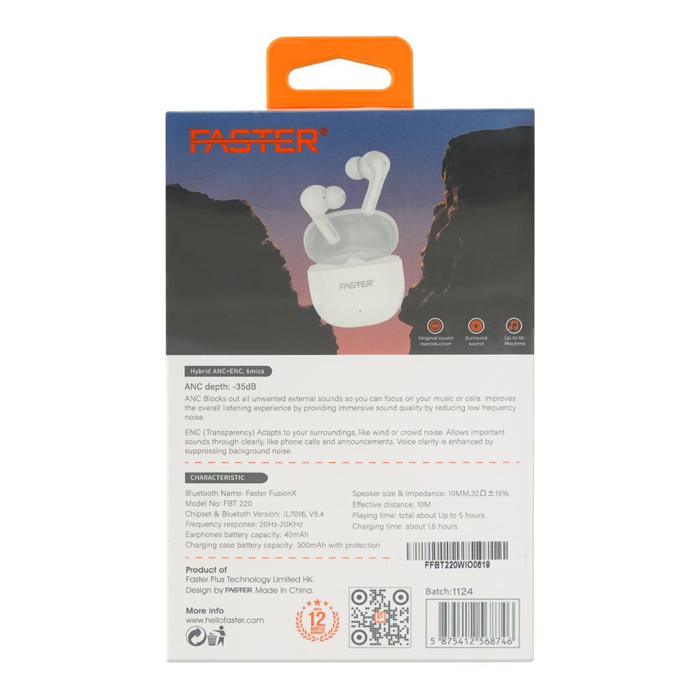 Faster FusionX Wireless Earbuds, Hybrid ANC+ENC 6mics, White, FBT-220