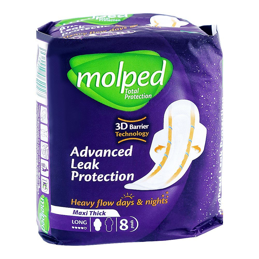 Molped Advanced Leak Protection Maxi Thick Sanitary Pads, Long, 8 Pads
