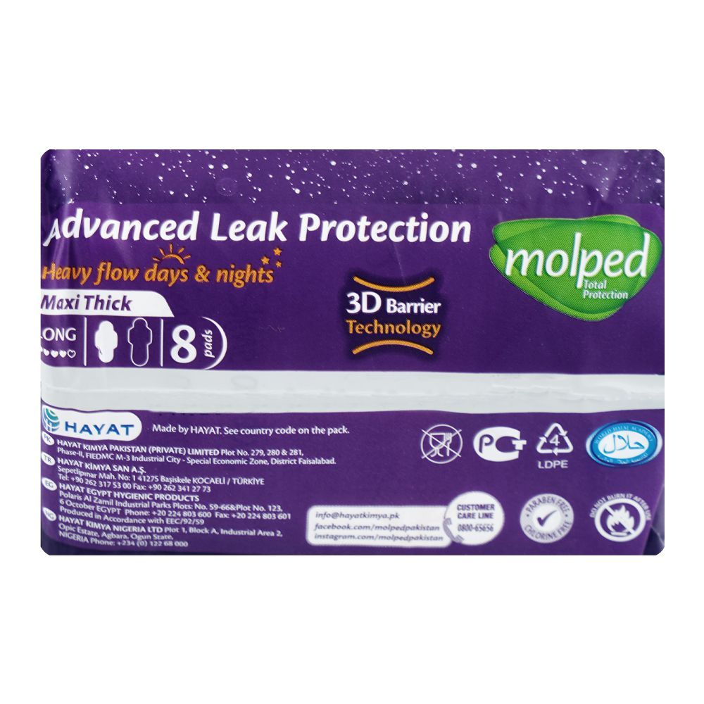 Molped Advanced Leak Protection Maxi Thick Sanitary Pads, Long, 8 Pads