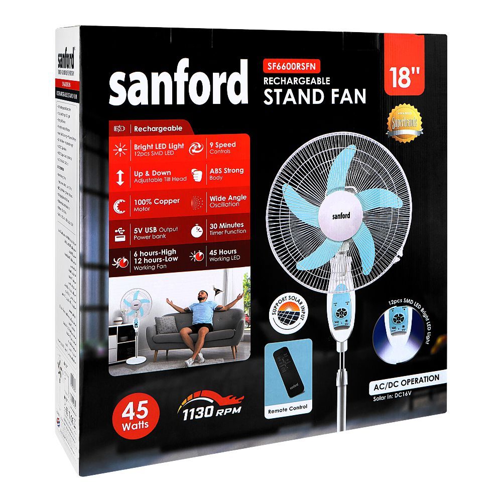 Sanford Rechargeable Stand Fan 18 Inch, 45W, SF6600RSFN