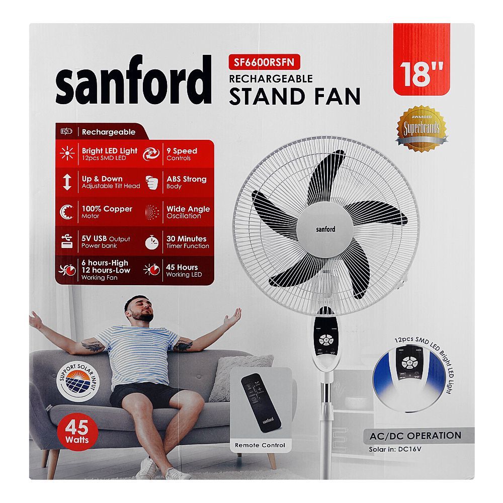 Sanford Rechargeable Stand Fan 18 Inch, 45W, SF6600RSFN