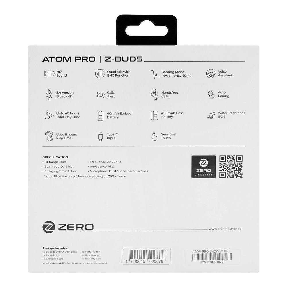 Zero Atom Pro Z Dots ENC Wireless Earbuds, Snow White