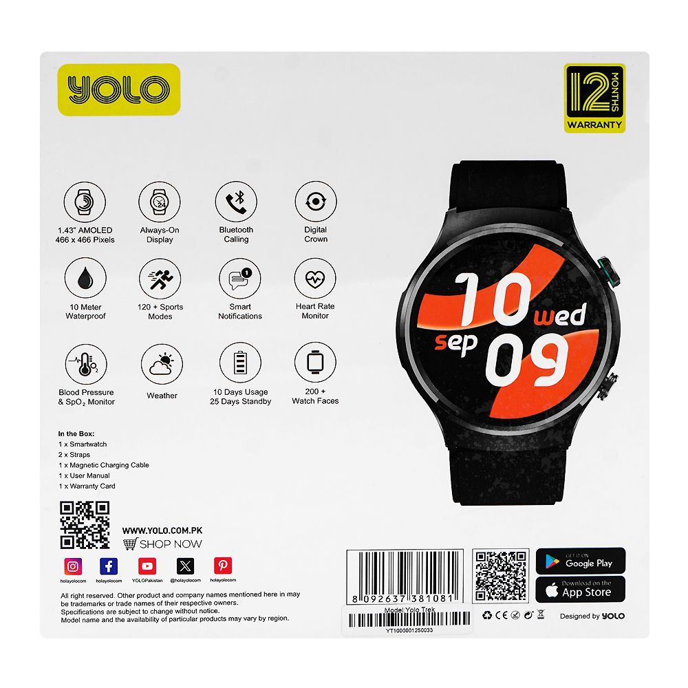 Yolo 1.43 Inch Amoled Display Trek Smart Watch, 10 Meters Waterproof, 25 Days Standby Battery ...