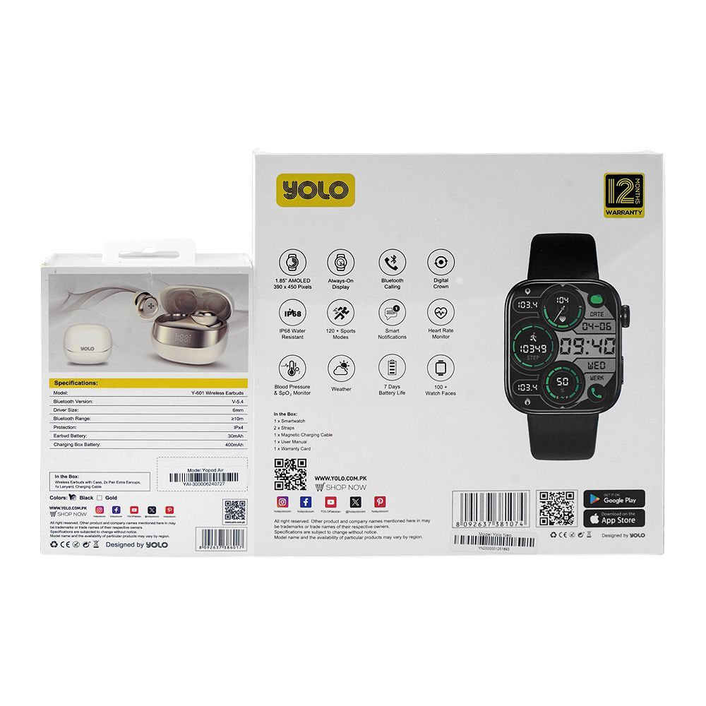 Yolo 1.85 Inch Amoled Display Neo Smart Watch, IP68 Water Resistant, 7 ...